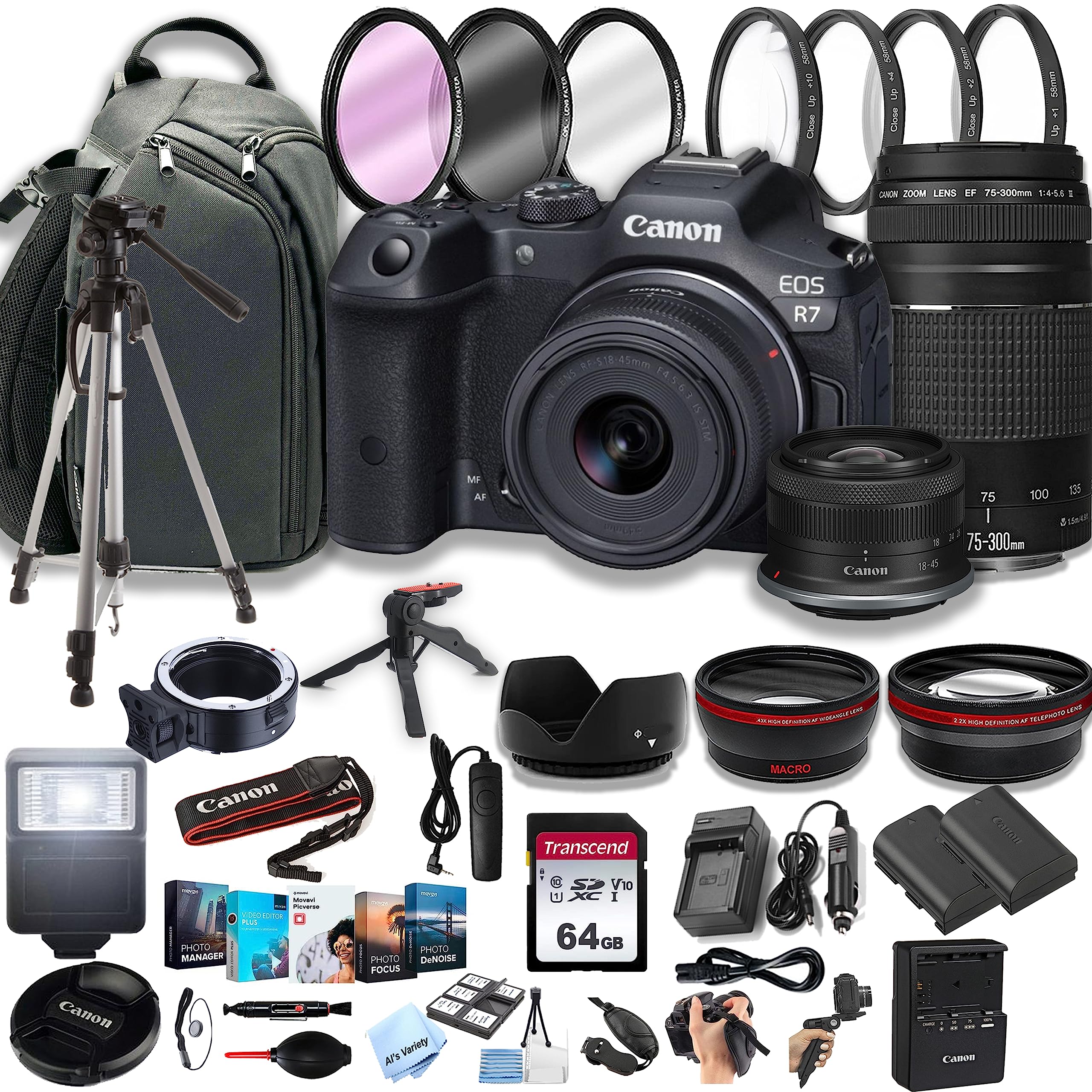 Canon EOS R7 Mirrorless Digital Camera with RF-S 18-45mm f/4.5-6.3 is STM Lens + 75-300mm F/4-5.6 III Lens+ 64GB Memory Cards, Professional Photo Bundle (42pc Bundle)