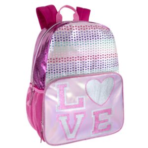 madison & dakota holographic laser rainbow hearts vinyl backpack with water bottle pockets, padded straps (glitter love)