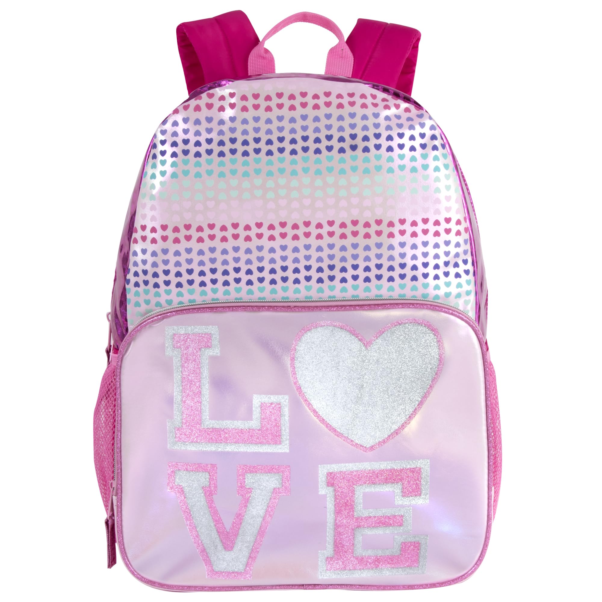 MADISON & DAKOTA Holographic Laser Rainbow Hearts Vinyl Backpack with Water Bottle Pockets, Padded Straps (Glitter Love)