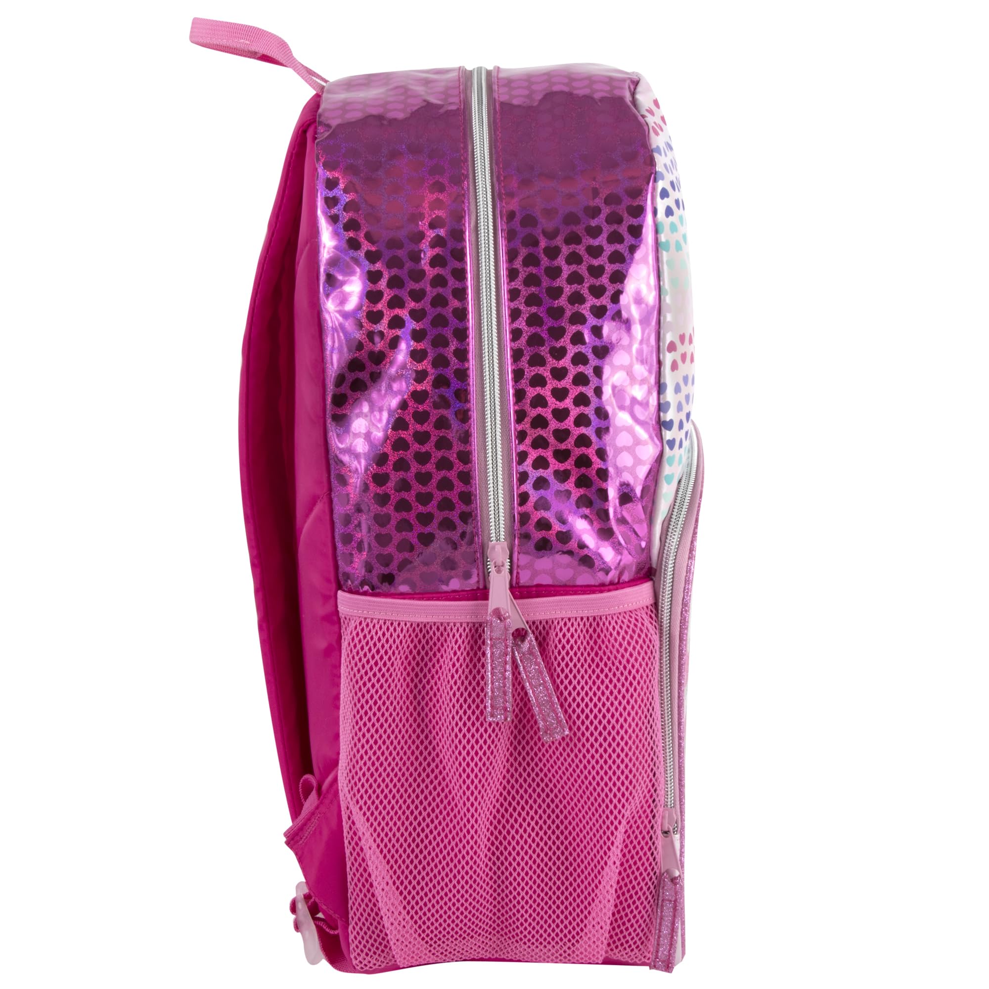 MADISON & DAKOTA Holographic Laser Rainbow Hearts Vinyl Backpack with Water Bottle Pockets, Padded Straps (Glitter Love)