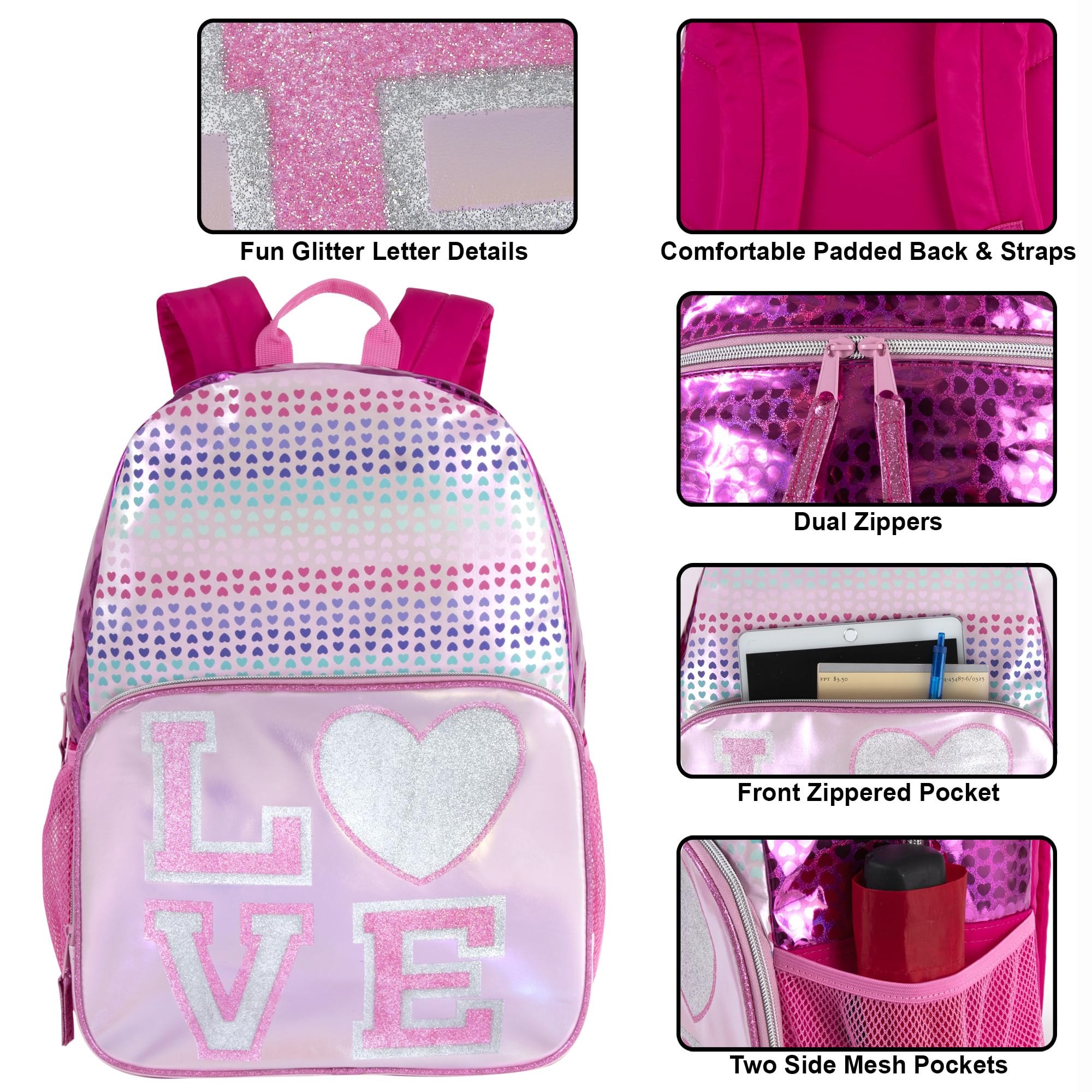 MADISON & DAKOTA Holographic Laser Rainbow Hearts Vinyl Backpack with Water Bottle Pockets, Padded Straps (Glitter Love)