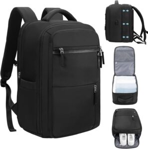 hp hope travel backpack for women men, expandable airline approved carry on backpack flight approved, waterproof hiking weekender backpack with usb charging port & shoes compartment, black