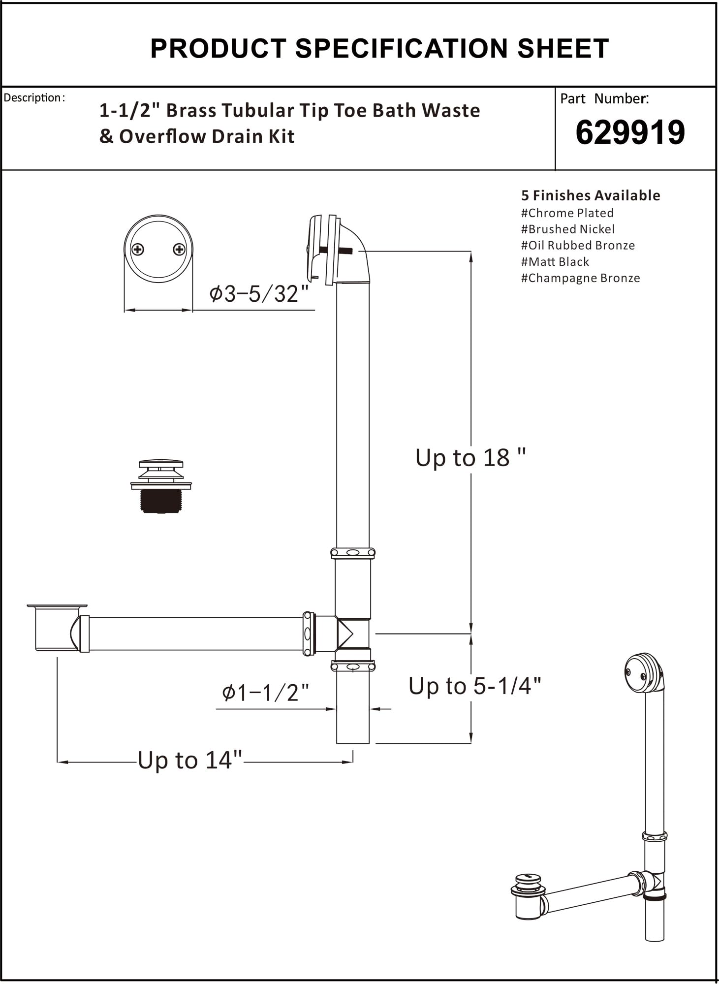 Artiwell 1-1/2" Brass Tubular Bath Drain Kit with Tip-Toe Bath Drain Stopper, Touch-Toe Tub Drain, Tip Toe Bathtub Drain Waste and Overflow with Plug and Bathtub Overflow Drain Cover, Matte Black