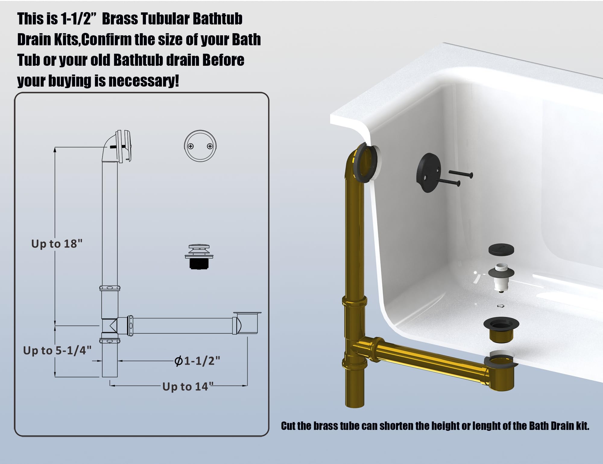 Artiwell 1-1/2" Brass Tubular Bath Drain Kit with Tip-Toe Bath Drain Stopper, Touch-Toe Tub Drain, Tip Toe Bathtub Drain Waste and Overflow with Plug and Bathtub Overflow Drain Cover, Matte Black