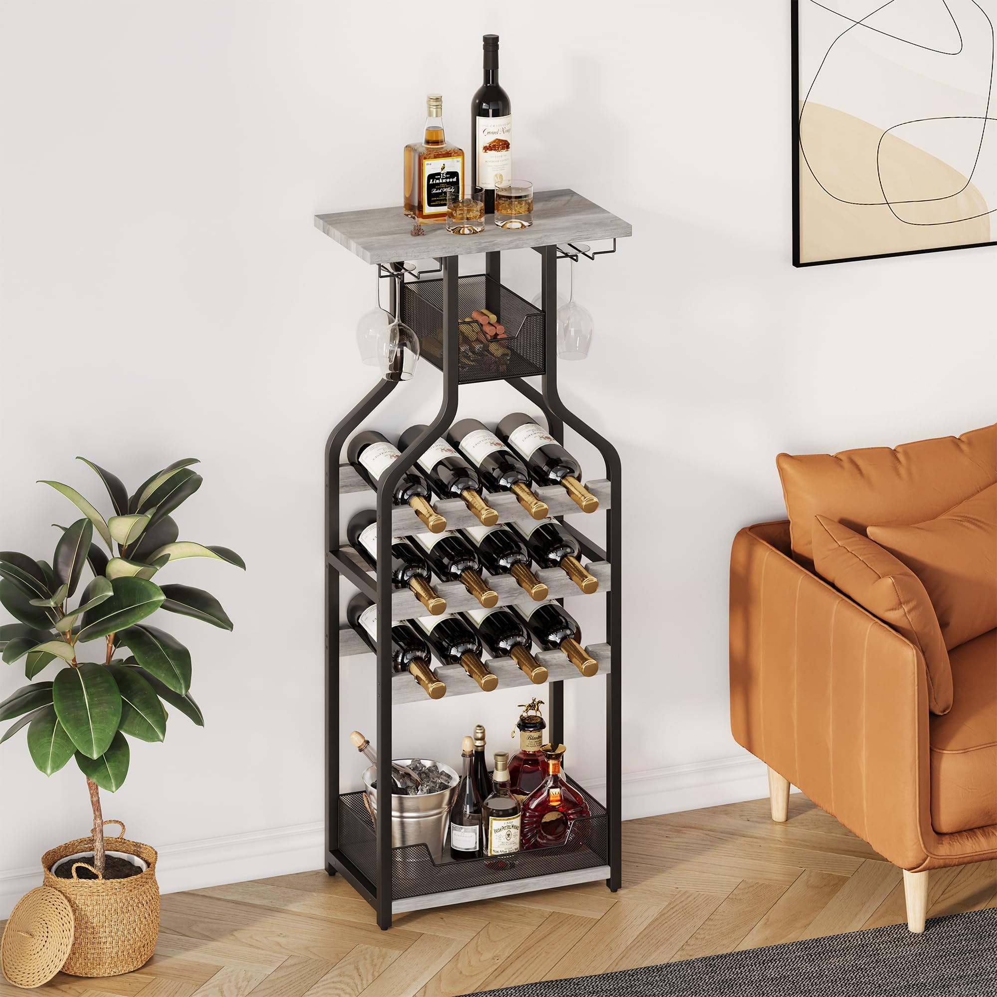 Amyove Wine Rack Freestanding Floor,Metal Wine Rack Wine Bottle Holders Stands for Floor,Grey Bar Stand Wine Storage Organizer Display Rack Table