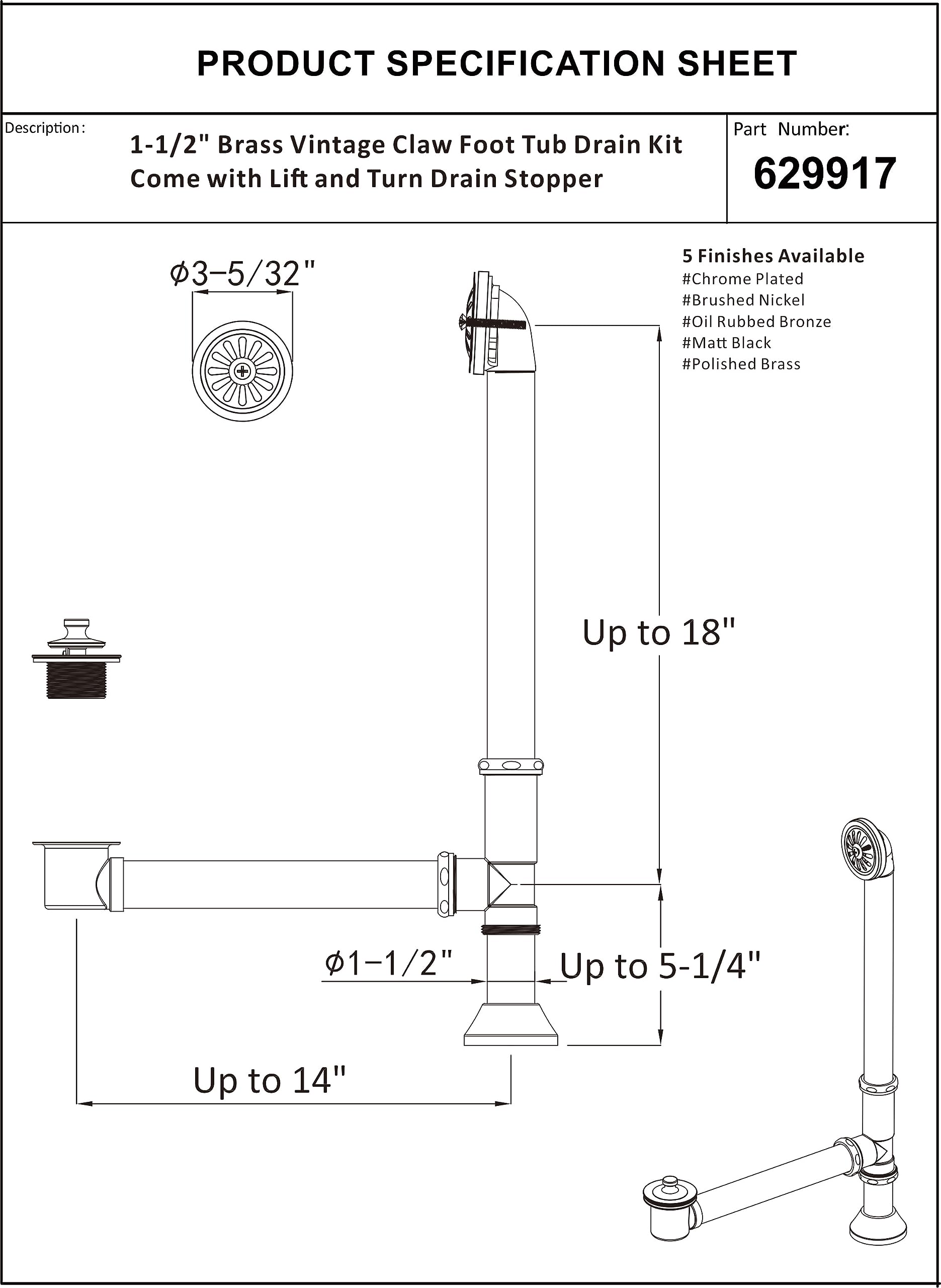 Artiwell Vintage Claw Foot Tub Drain Kit with Lift and Turn Bath Drain Stopper, 1-1/2" Brass Tubular Leg Tub Bathtub Waste and Overflow Drain Assembly with Drain Plug and Bathtub Overflow Cover