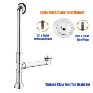 Artiwell Vintage Claw Foot Tub Drain Kit with Lift and Turn Bath Drain Stopper, 1-1/2" Brass Tubular Leg Tub Bathtub Waste and Overflow Drain Assembly with Drain Plug and Bathtub Overflow Cover