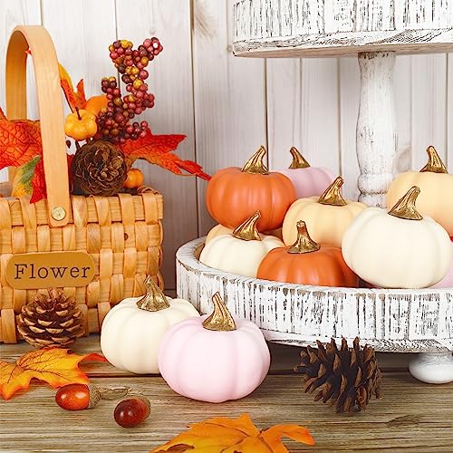 AnyDesign 12Pcs Artificial Pumpkins Fake Foam Pumpkins Mini White Pink Gold Orange Faux Harvest Pumpkins for Autumn Thanksgiving Halloween Holiday Home Party Farmhouse Decorations