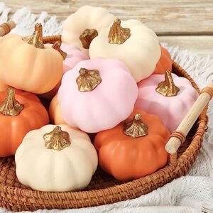 AnyDesign 12Pcs Artificial Pumpkins Fake Foam Pumpkins Mini White Pink Gold Orange Faux Harvest Pumpkins for Autumn Thanksgiving Halloween Holiday Home Party Farmhouse Decorations