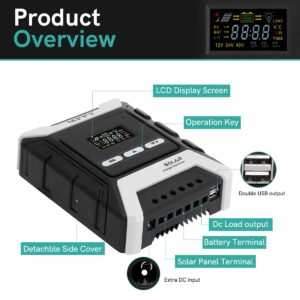 BreeRainz 40 Amp Solar Charge Controller MPPT 12V/24V/48V Auto Identify, Max.80V PV Input Solar Controller with LCD Display 2 USB, Solar Panel Controller for Lead Acid/Ternary Lithium/Lifepo4 Battery