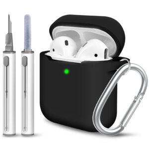 woyinger for airpods case cover, come with clean pen，soft silicone protective cover with buckle for women men compatible with apple airpods 2nd 1st generation charging case, front led visible,black