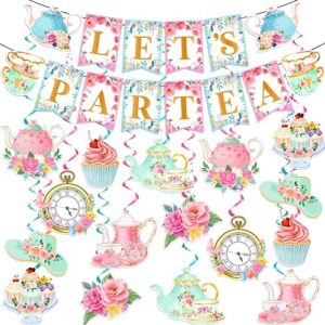 korhonen tea party decorations floral tea birthday party decorations including let's partea banner and floral hanging swirls, tea party decorations for little girls baby shower party supplies