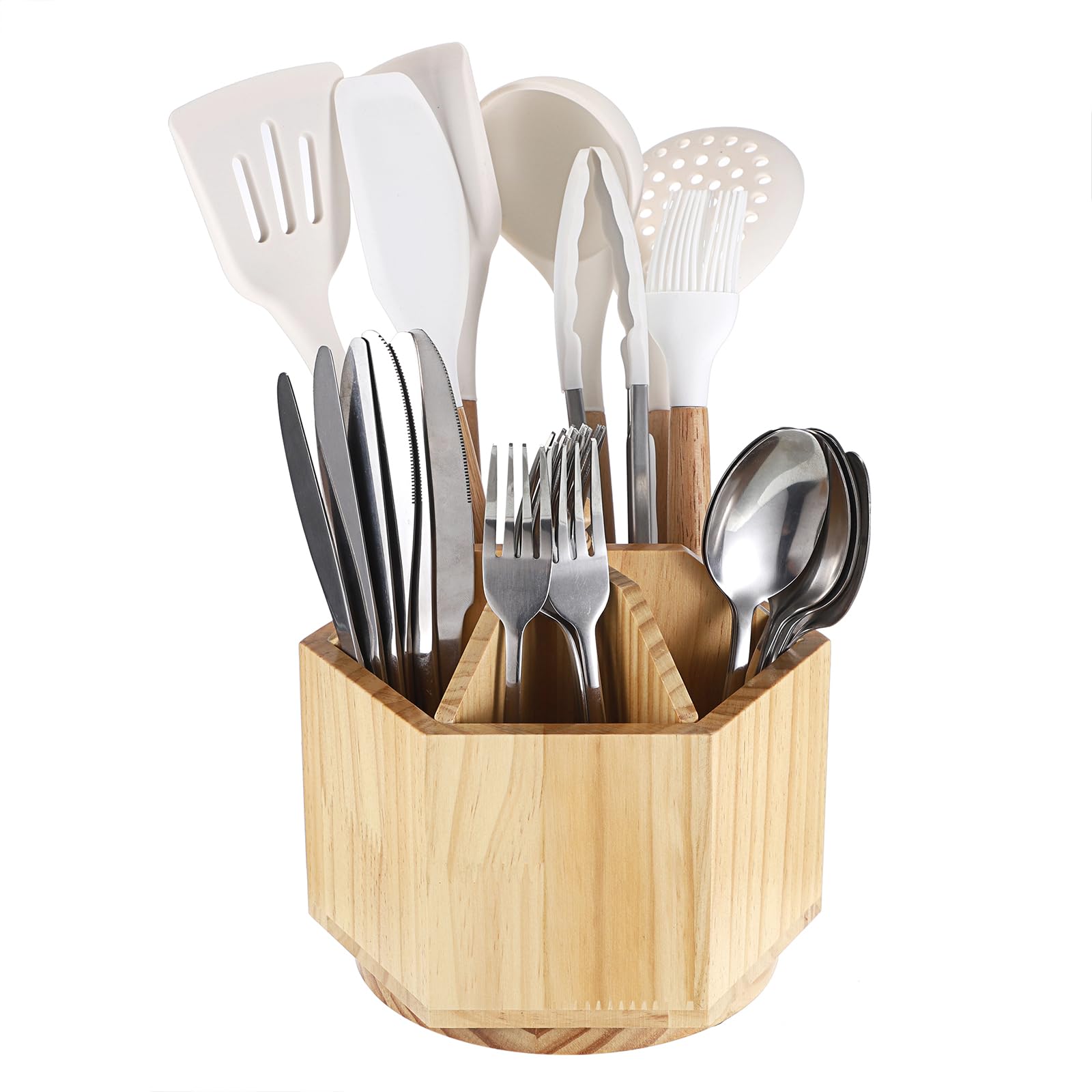 Sumnacon Wood Utensil Caddy, 360° Rotatable Silverware Caddy for Kitchen, Sturdy Silverware Holder with Removable Divider for Spoons, Forks, Knives, Paper Napkins