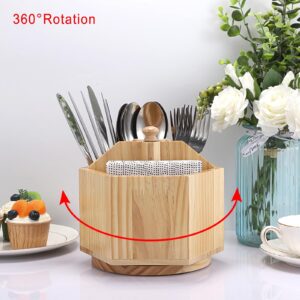 Sumnacon Wood Utensil Caddy, 360° Rotatable Silverware Caddy for Kitchen, Sturdy Silverware Holder with Removable Divider for Spoons, Forks, Knives, Paper Napkins