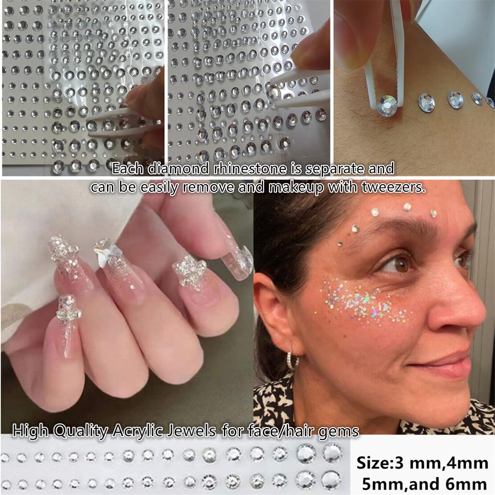 Go Ho 423 Pieces Self Adhesive Face/Hair Gems Rhinestones,Eye Gems Diamonds Crystals Hair Jewels Stick on,Face Jewels Singer Concerts Festival Rave Accessories,Nails Rhinestones