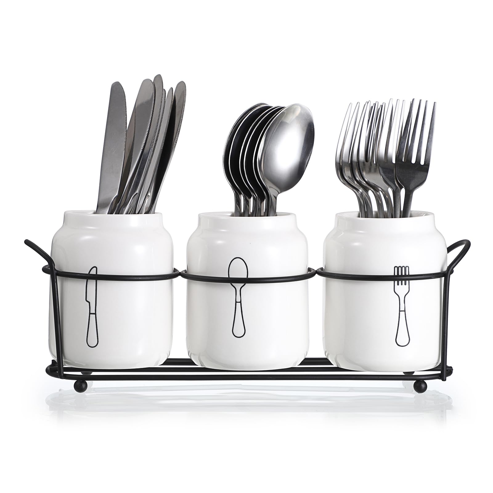 Sumnacon Ceramic Utensil Caddy, Portable Silverware Caddy with 3 Compartments -Durable Silverware Holder with Black Frame for Kitchen, Dining Table Coutertop Picnic,White