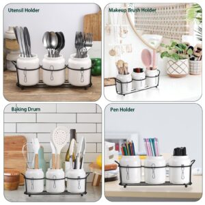 Sumnacon Ceramic Utensil Caddy, Portable Silverware Caddy with 3 Compartments -Durable Silverware Holder with Black Frame for Kitchen, Dining Table Coutertop Picnic,White