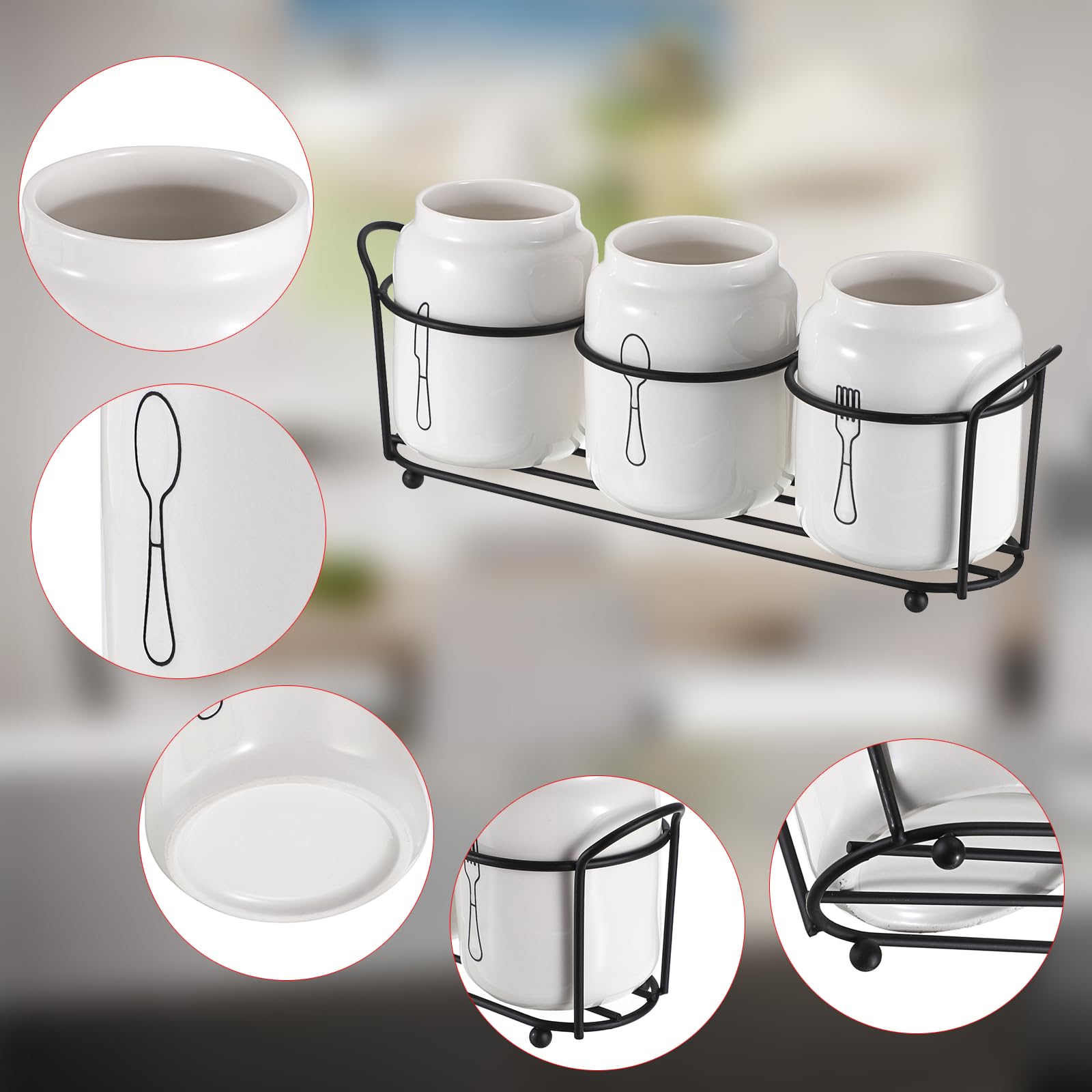 Sumnacon Ceramic Utensil Caddy, Portable Silverware Caddy with 3 Compartments -Durable Silverware Holder with Black Frame for Kitchen, Dining Table Coutertop Picnic,White