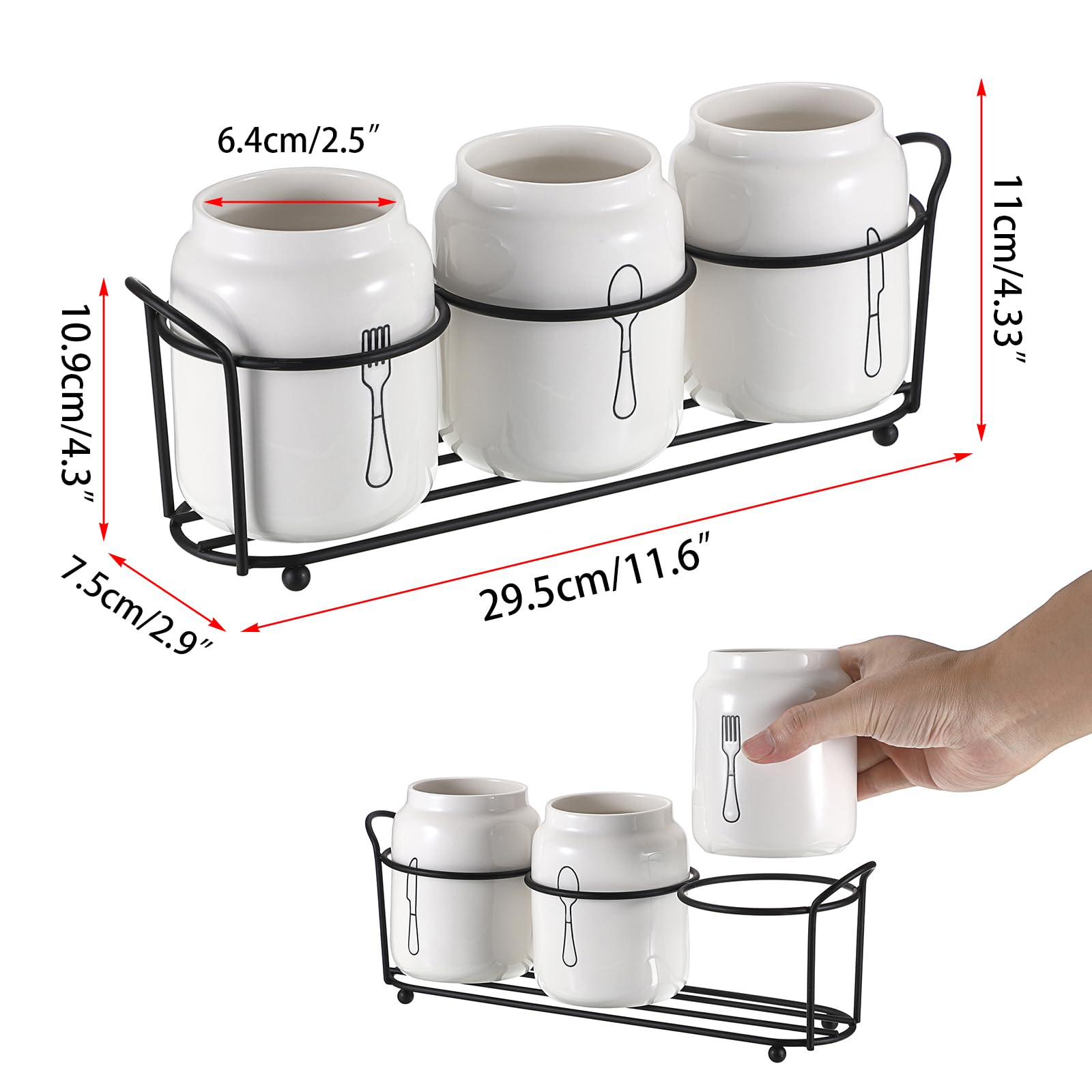 Sumnacon Ceramic Utensil Caddy, Portable Silverware Caddy with 3 Compartments -Durable Silverware Holder with Black Frame for Kitchen, Dining Table Coutertop Picnic,White