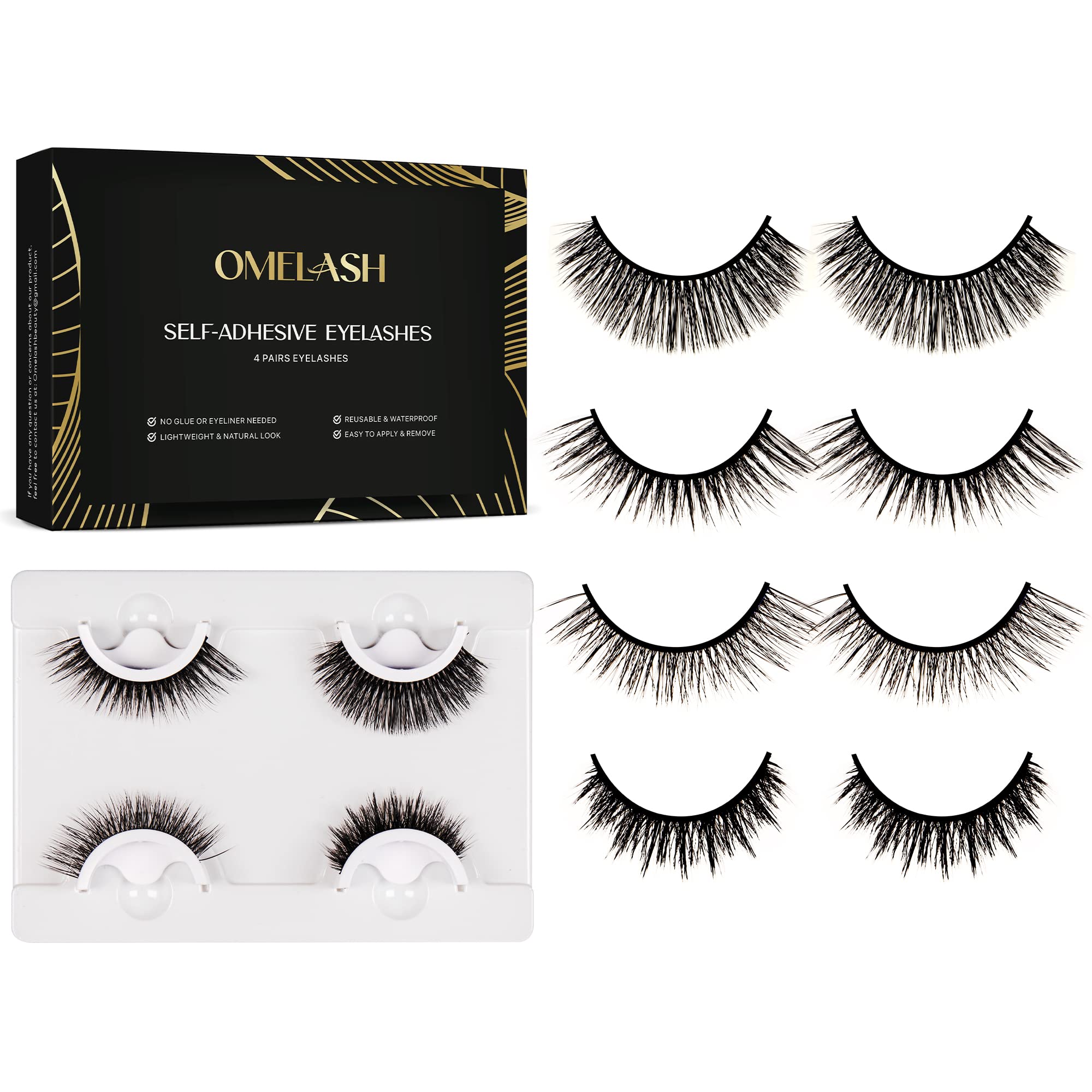 OMELASH Reusable Self Adhesive Eyelashes, Four Styles Waterproof False Eyelashes, No Glue False Eyelashes, Self Adhesive Eyelashes Reusable Self Sticking, False Eyelashes Natural Look(4 Pairs)