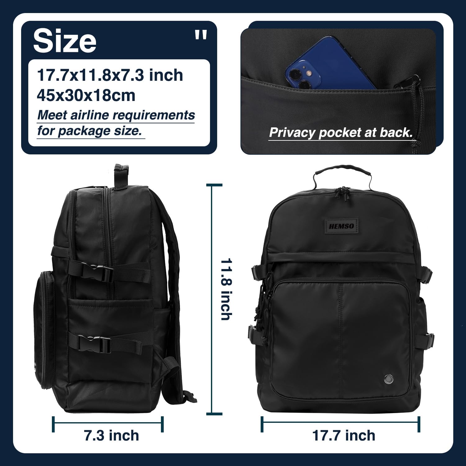 Laptop Backpack with Side Flap Front Pocket,17 Inch Anti Theft Durable Casual Daypack Backpack,Laptop Bag Rucksack for Women Men,Travel Black Backpack,Backpack with Laptop Compartment Mochila de Viaje