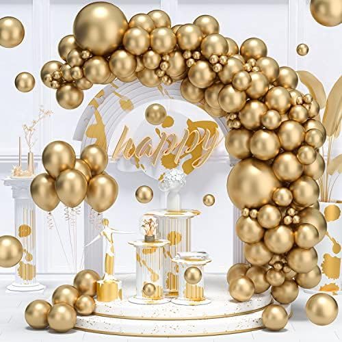 INFLORAL Metallic Gold Balloon Arch Kit Different Sizes 18 10 5 Inch Shiny Chrome Gold Latex Balloons for Graduation Baby Shower Birthday Party Decorations