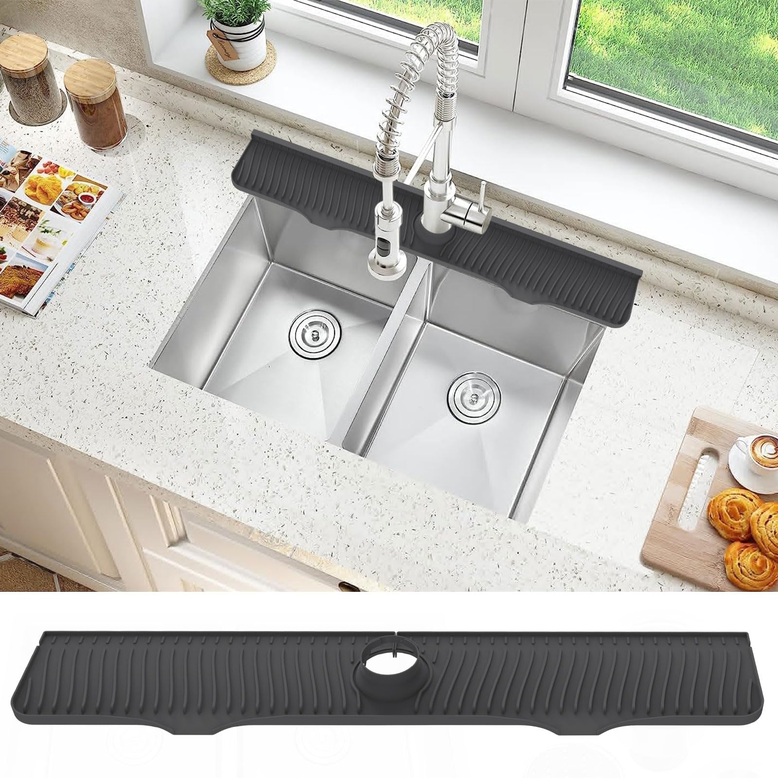 32 inch Kitchen Sink Splash Guard, Silicone Faucet Splash Guard, Large Size Silicone Sink Mat for Kitchen Bathroom, Faucet Handle Drip Catcher Tray (Black)