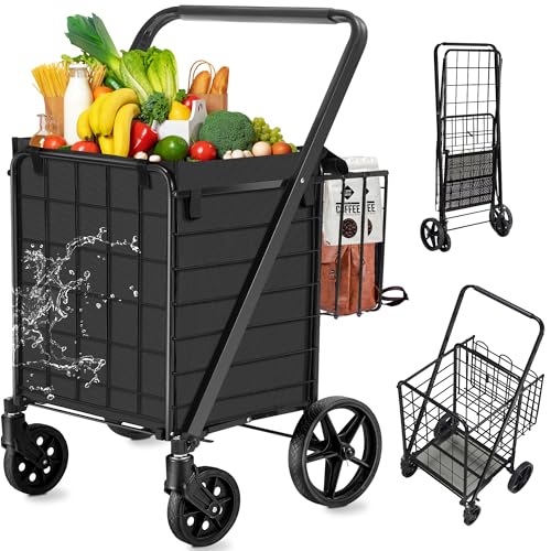 Spurgehom Grocery Cart on Wheels Folding Shopping Carts for Groceries 140L Jumbo with Removable Liner and Double Basket,360° Rolling Laundry Cart Lightweight Trolley for Seniors 280lb Capacity