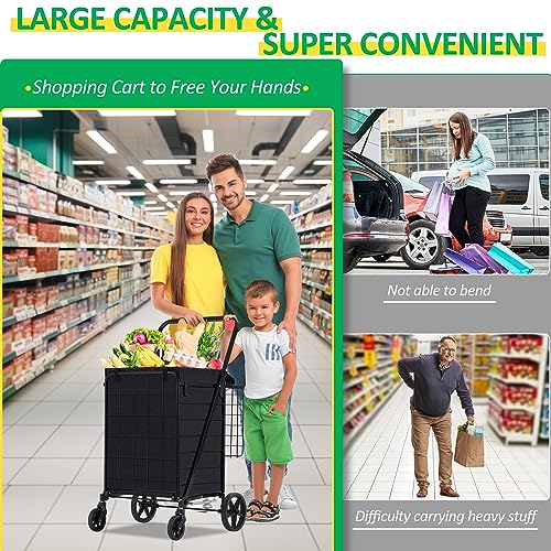 Spurgehom Grocery Cart on Wheels Folding Shopping Carts for Groceries 140L Jumbo with Removable Liner and Double Basket,360° Rolling Laundry Cart Lightweight Trolley for Seniors 280lb Capacity