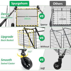 Spurgehom Grocery Cart on Wheels Folding Shopping Carts for Groceries 140L Jumbo with Removable Liner and Double Basket,360° Rolling Laundry Cart Lightweight Trolley for Seniors 280lb Capacity