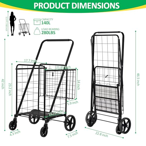 Spurgehom Grocery Cart on Wheels Folding Shopping Carts for Groceries 140L Jumbo with Removable Liner and Double Basket,360° Rolling Laundry Cart Lightweight Trolley for Seniors 280lb Capacity