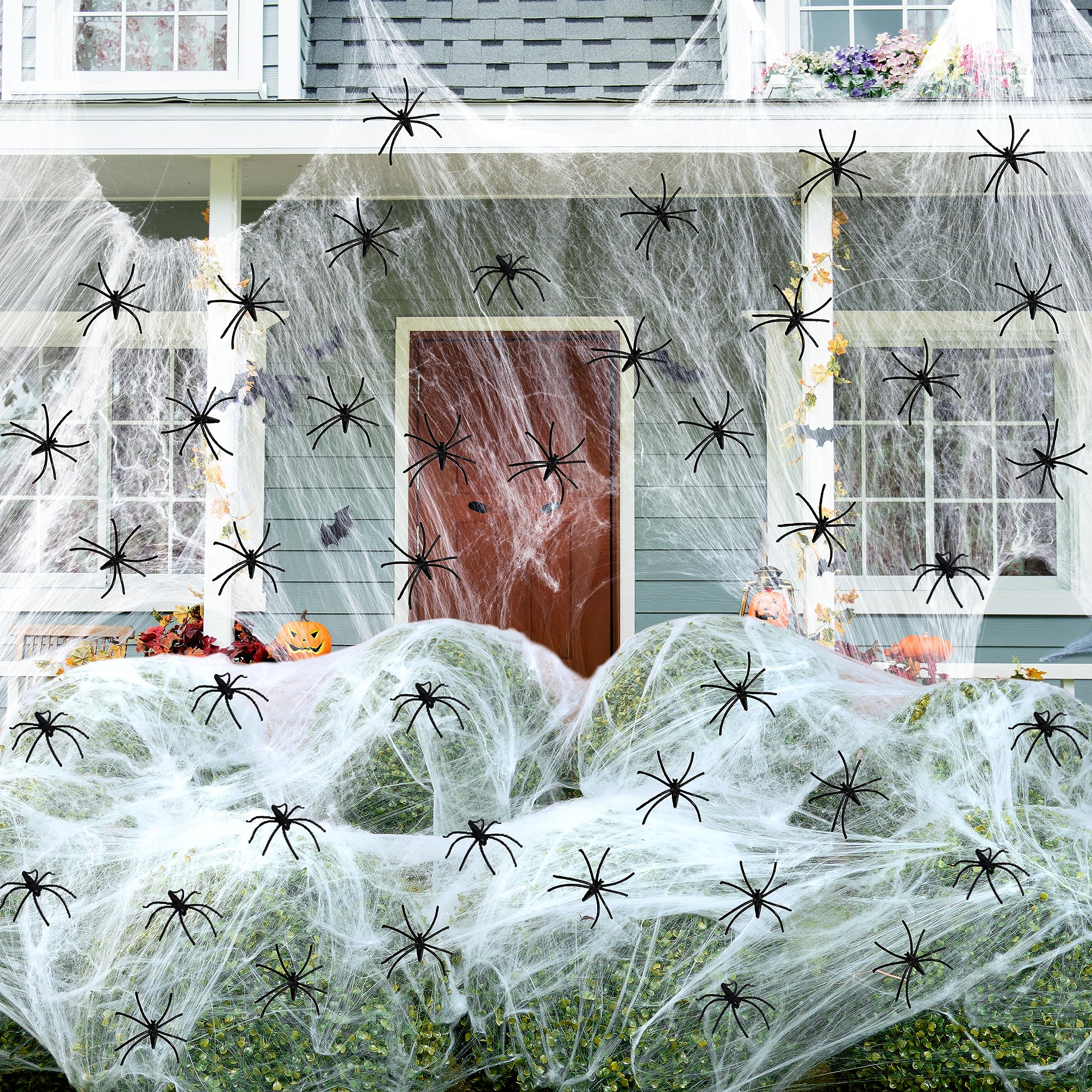 JOYIN 1800 sqft Spider Web Halloween Decorations with Extra 160 Spiders, Super Stretchy Cobwebs Halloween Theme Party Prop, Indoor Outdoor Halloween Haunted House Party Supplies