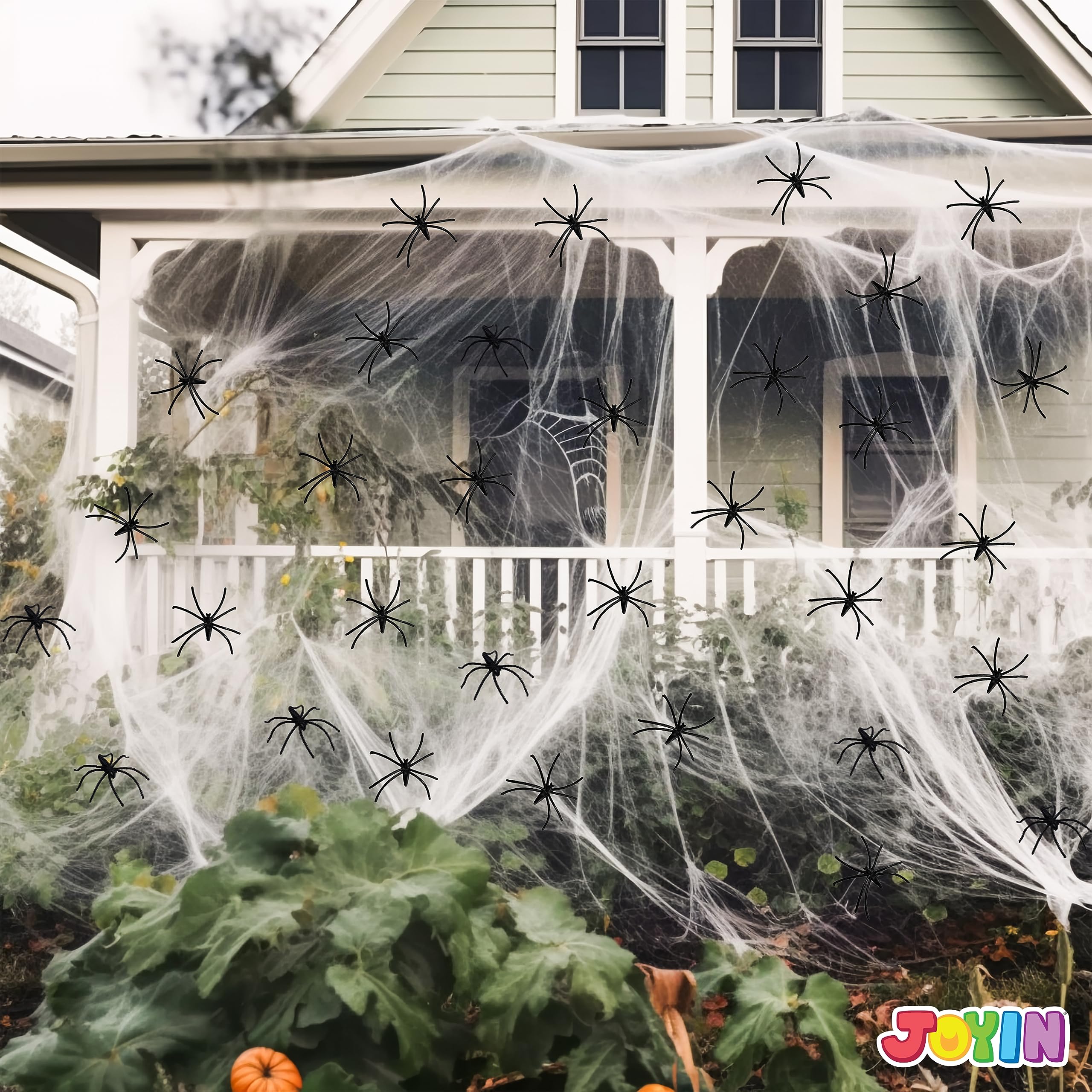 JOYIN 1800 sqft Spider Web Halloween Decorations with Extra 160 Spiders, Super Stretchy Cobwebs Halloween Theme Party Prop, Indoor Outdoor Halloween Haunted House Party Supplies