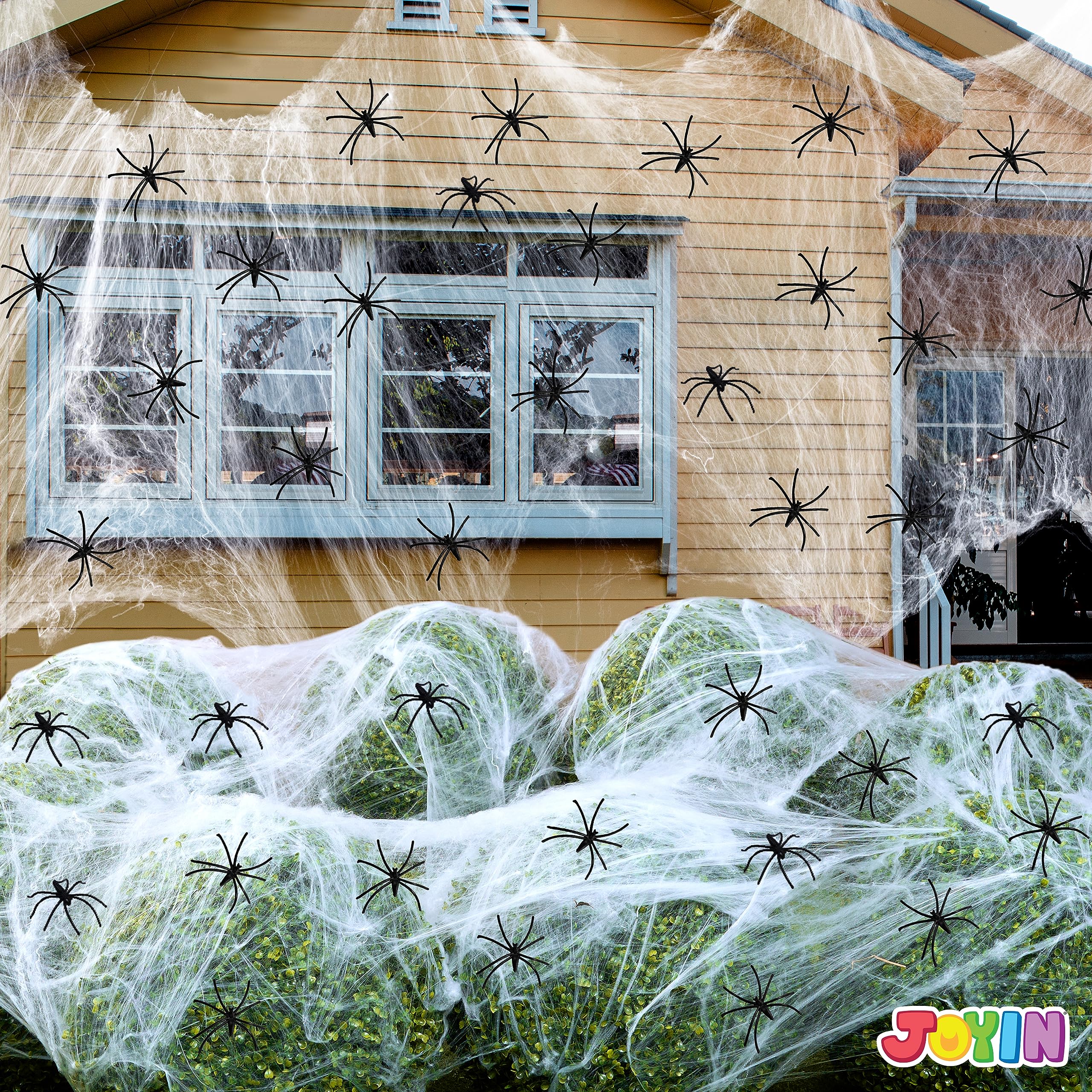 JOYIN 1800 sqft Spider Web Halloween Decorations with Extra 160 Spiders, Super Stretchy Cobwebs Halloween Theme Party Prop, Indoor Outdoor Halloween Haunted House Party Supplies