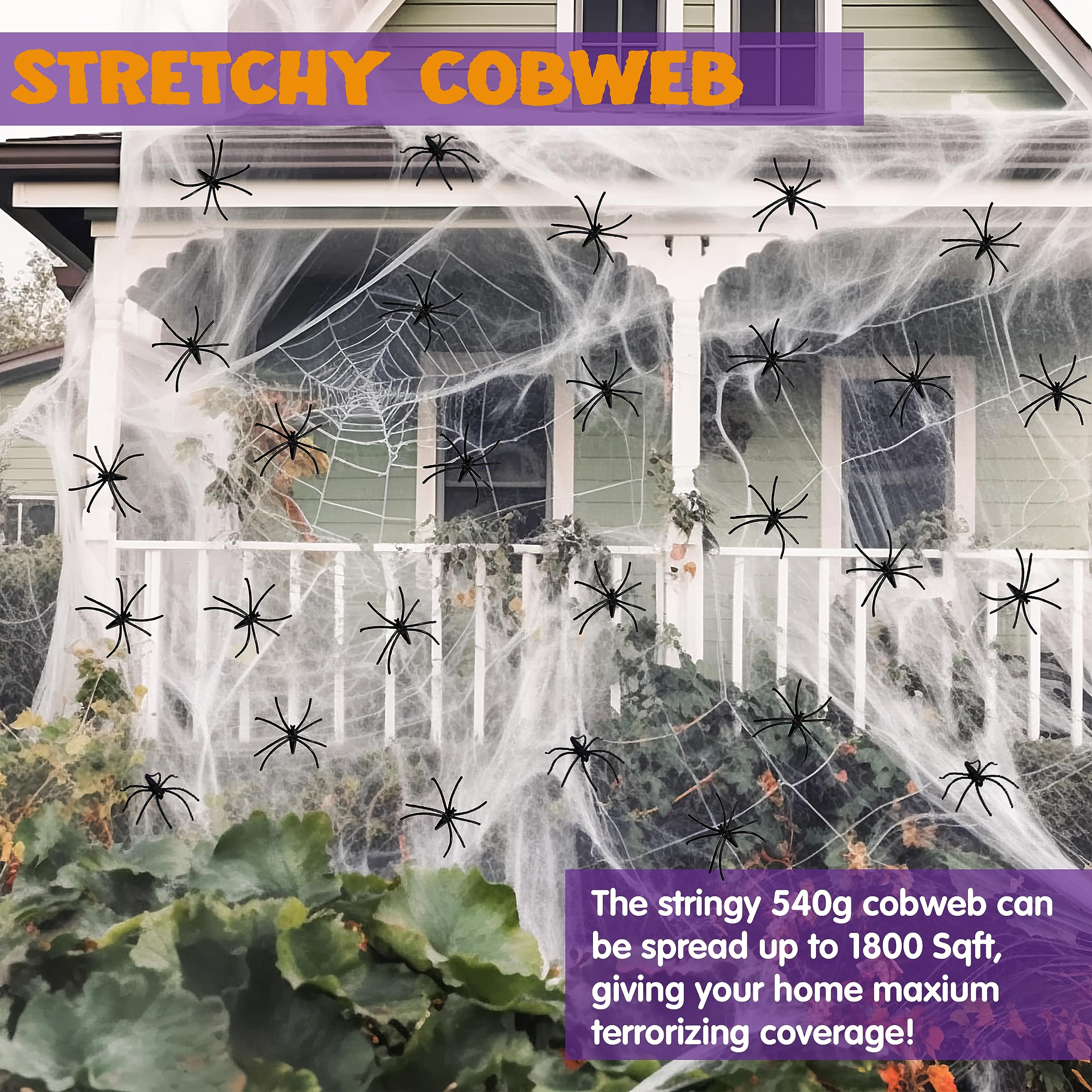 JOYIN 1800 sqft Spider Web Halloween Decorations with Extra 160 Spiders, Super Stretchy Cobwebs Halloween Theme Party Prop, Indoor Outdoor Halloween Haunted House Party Supplies