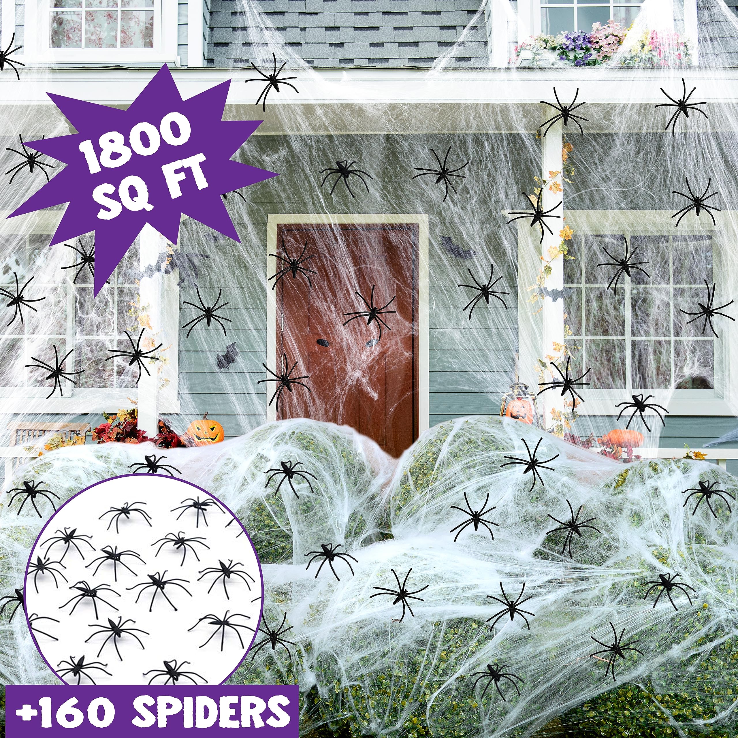 JOYIN 1800 sqft Spider Web Halloween Decorations with Extra 160 Spiders, Super Stretchy Cobwebs Halloween Theme Party Prop, Indoor Outdoor Halloween Haunted House Party Supplies