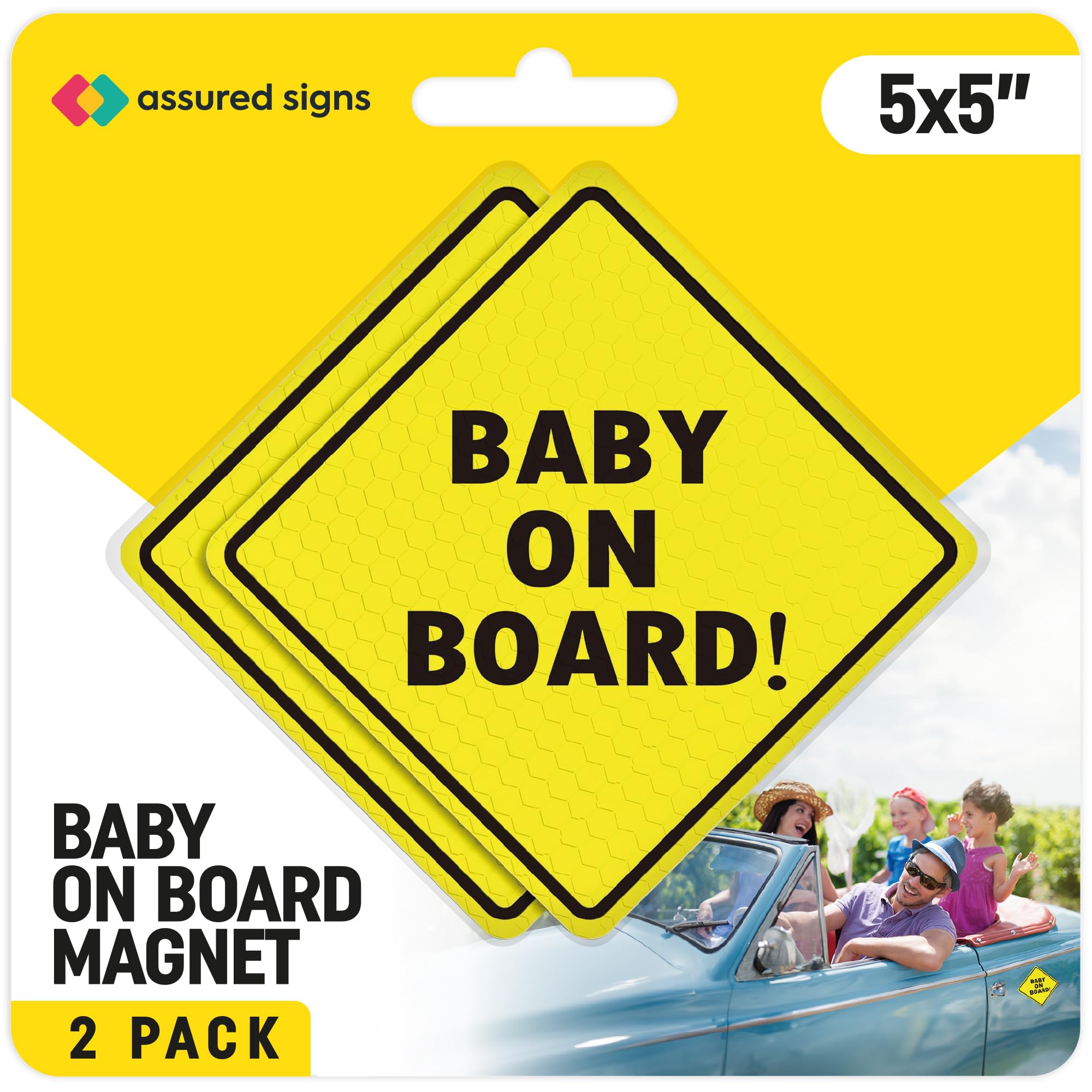 ASSURED SIGNS Baby On Board MAGNET for Car - 2 Pack, 5" by 5" - Essential Magnetic Sticker Sign for Bumper - Bright Yellow and Reflective - Best Safety Sign Accessories for Cars