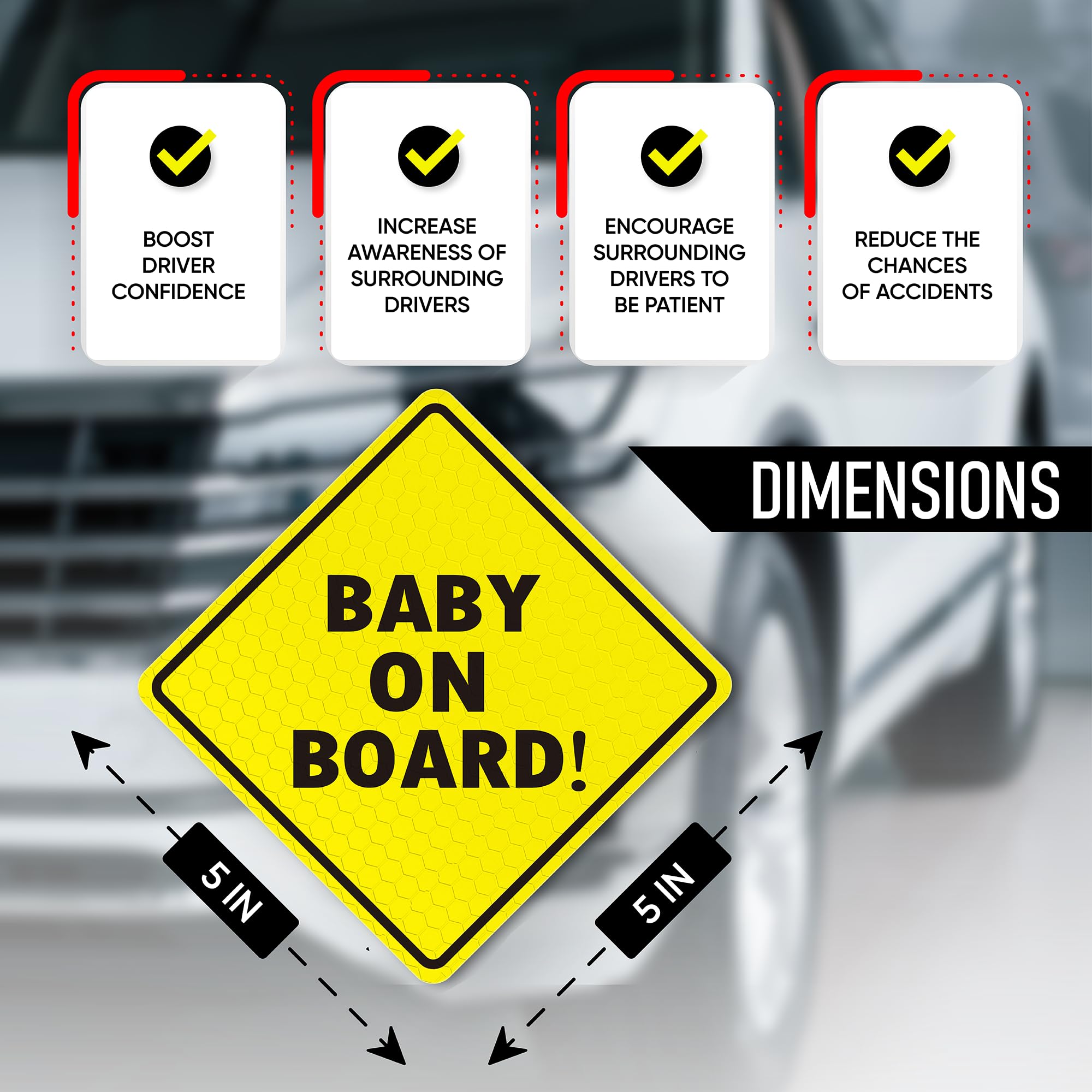 ASSURED SIGNS Baby On Board MAGNET for Car - 2 Pack, 5" by 5" - Essential Magnetic Sticker Sign for Bumper - Bright Yellow and Reflective - Best Safety Sign Accessories for Cars