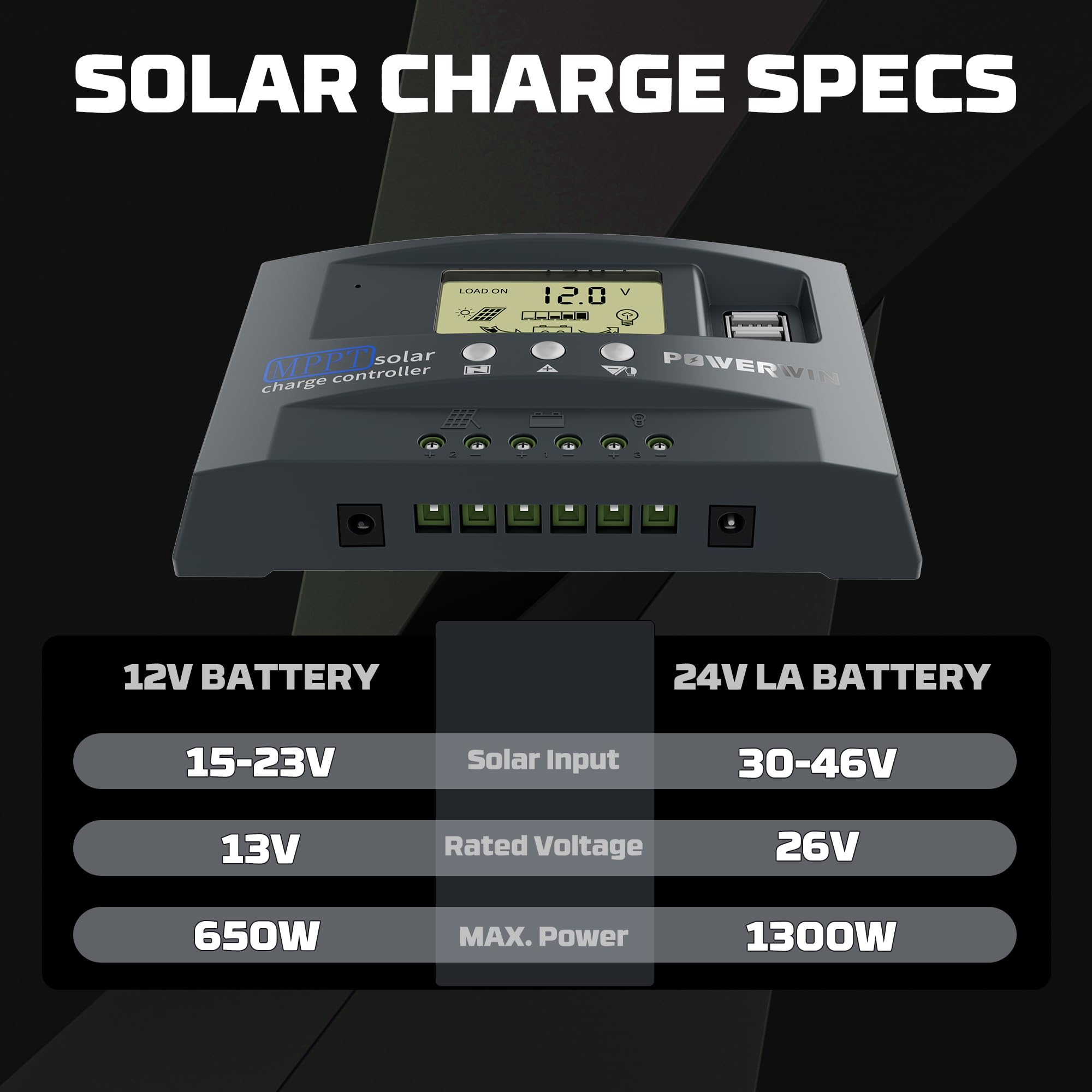 POWERWIN 50A MPPT Solar Charge Controller 12V 24V Solar Panel Battery Intelligent Regulator Dual USB with LCD Display Suitable for LiFePO4 Battery