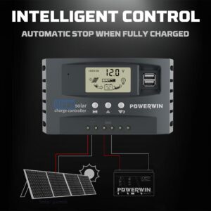 POWERWIN 50A MPPT Solar Charge Controller 12V 24V Solar Panel Battery Intelligent Regulator Dual USB with LCD Display Suitable for LiFePO4 Battery