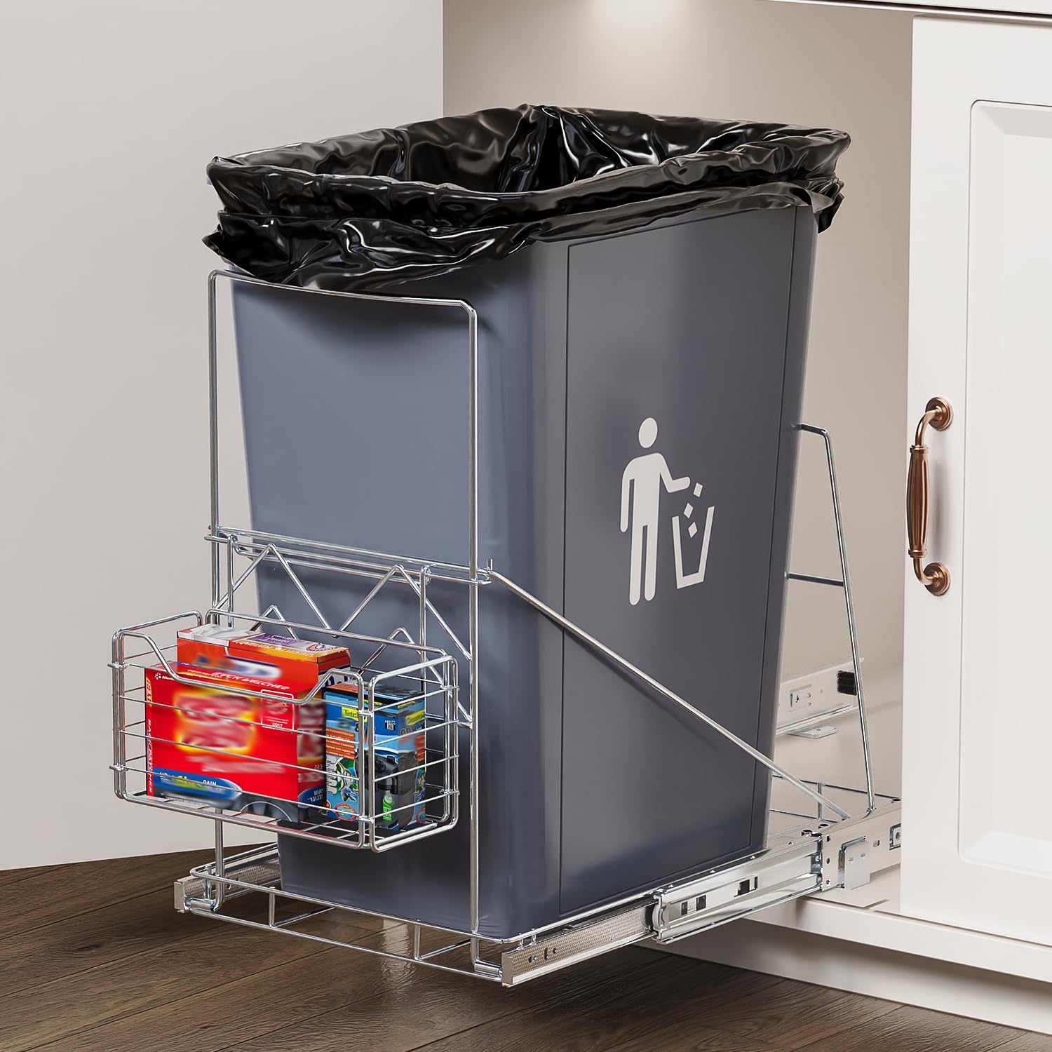 Beinline Pull Out Trash Can Under Cabinet with Removable Front Basket for Garbage Bag Storage, Cabinet Trash Can Pull Out Kit, Under Sink Trash Can Pull Out for 7-11 Gallon Trash Can(Not Include Can)