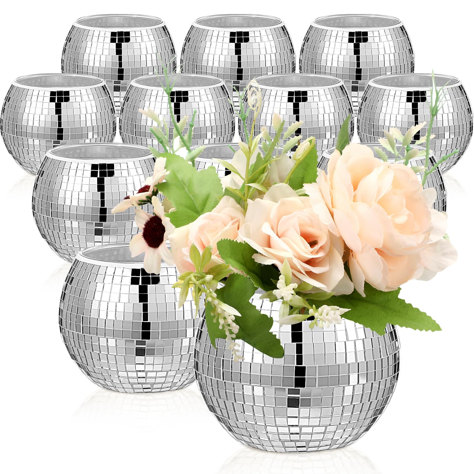 Jinei Disco Ball Flower Vase Mirror Disco Ball Glass Vase Disco Ball Planter Candle Holder Glass Vase Bulk for Wedding Centerpieces Bedroom Kitchen Office Decoration Birthday(3" x 4", 12 Pcs)