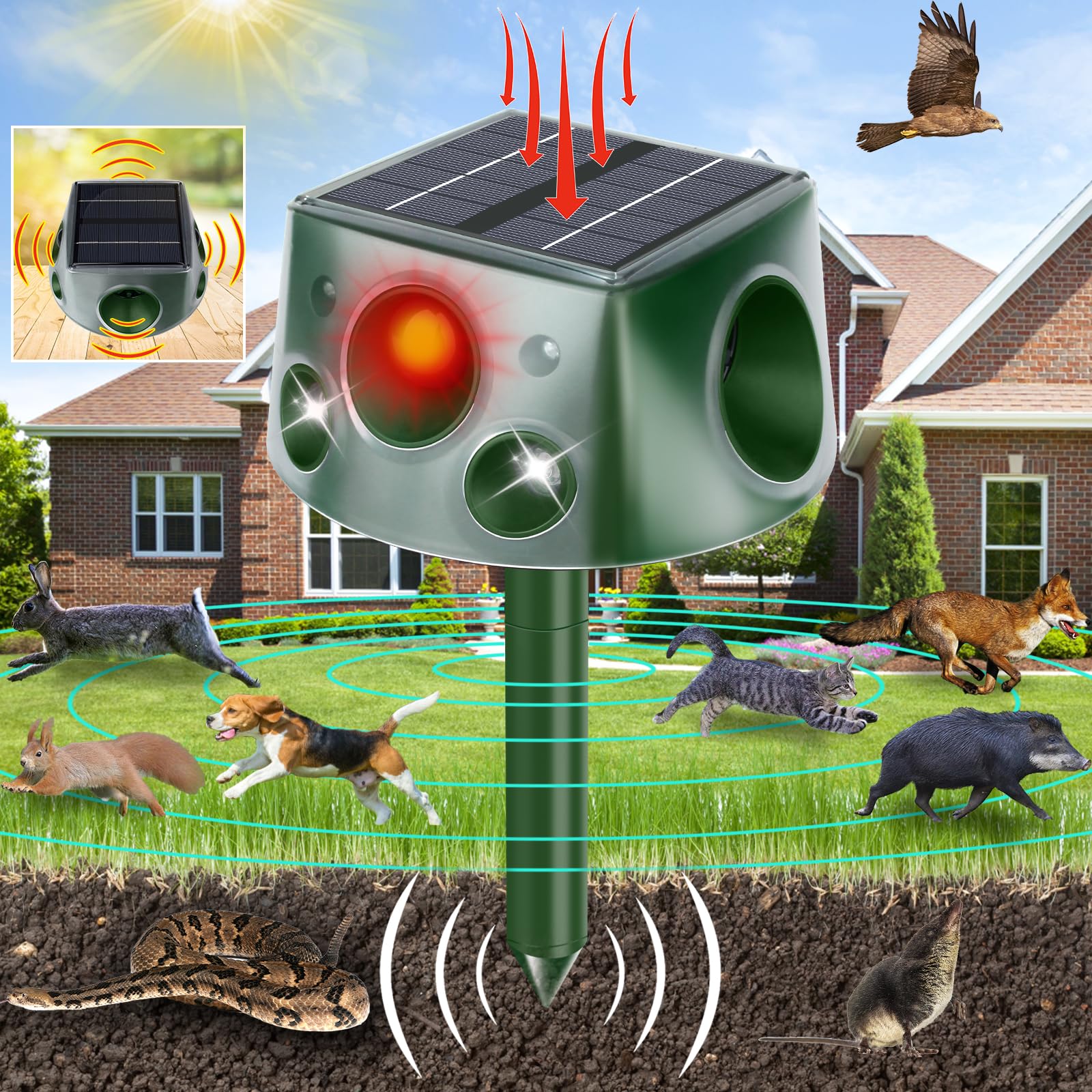 Solar Ultrasonic Animal Repeller,Newest 360° Cat Repellent Outdoor,Squirrel Repellent with 7 Modes & Flashing Light & Ultrasonic Speaker & IP66,Repels Cat Squirrel Bird Dog Deer