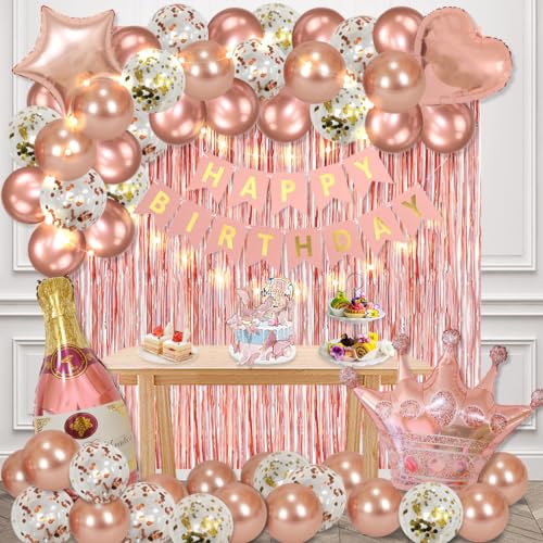 MSMANCY Rose Gold Birthday Decorations for Women Girl 54pcs with HAPPY BIRTHDAY Banner Curtains Bottle Crown Heart Star LED light and Balloons for Birthday Party Supplies (Rose-gold)