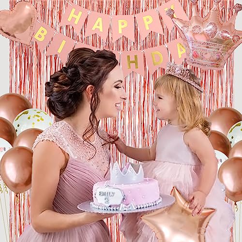 MSMANCY Rose Gold Birthday Decorations for Women Girl 54pcs with HAPPY BIRTHDAY Banner Curtains Bottle Crown Heart Star LED light and Balloons for Birthday Party Supplies (Rose-gold)