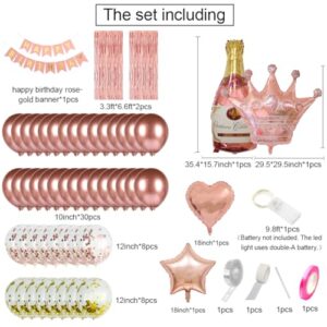 MSMANCY Rose Gold Birthday Decorations for Women Girl 54pcs with HAPPY BIRTHDAY Banner Curtains Bottle Crown Heart Star LED light and Balloons for Birthday Party Supplies (Rose-gold)