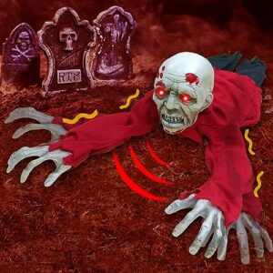 halloween outdoor decorations climbing zombie groundbreaker with light up eyes and creepy sound, sound activated movable halloween zombie skeleton decorations for outdoor lawn yard patio decor