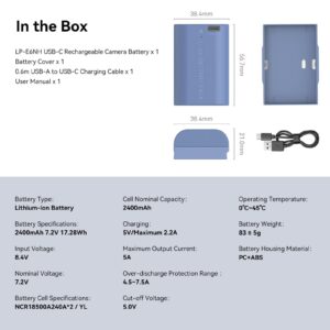 SmallRig LP-E6NH 2400mAh Camera Replacement Battery for Canon R5, R6, R7, USB-C 2.5H Fast Charging Camera Battery for R6 Mark II, R, R5 C, 5D II/III/IV, 6D, 6D II, 7D, 7D II, 60D, 70D, 80D, 90D - 4264