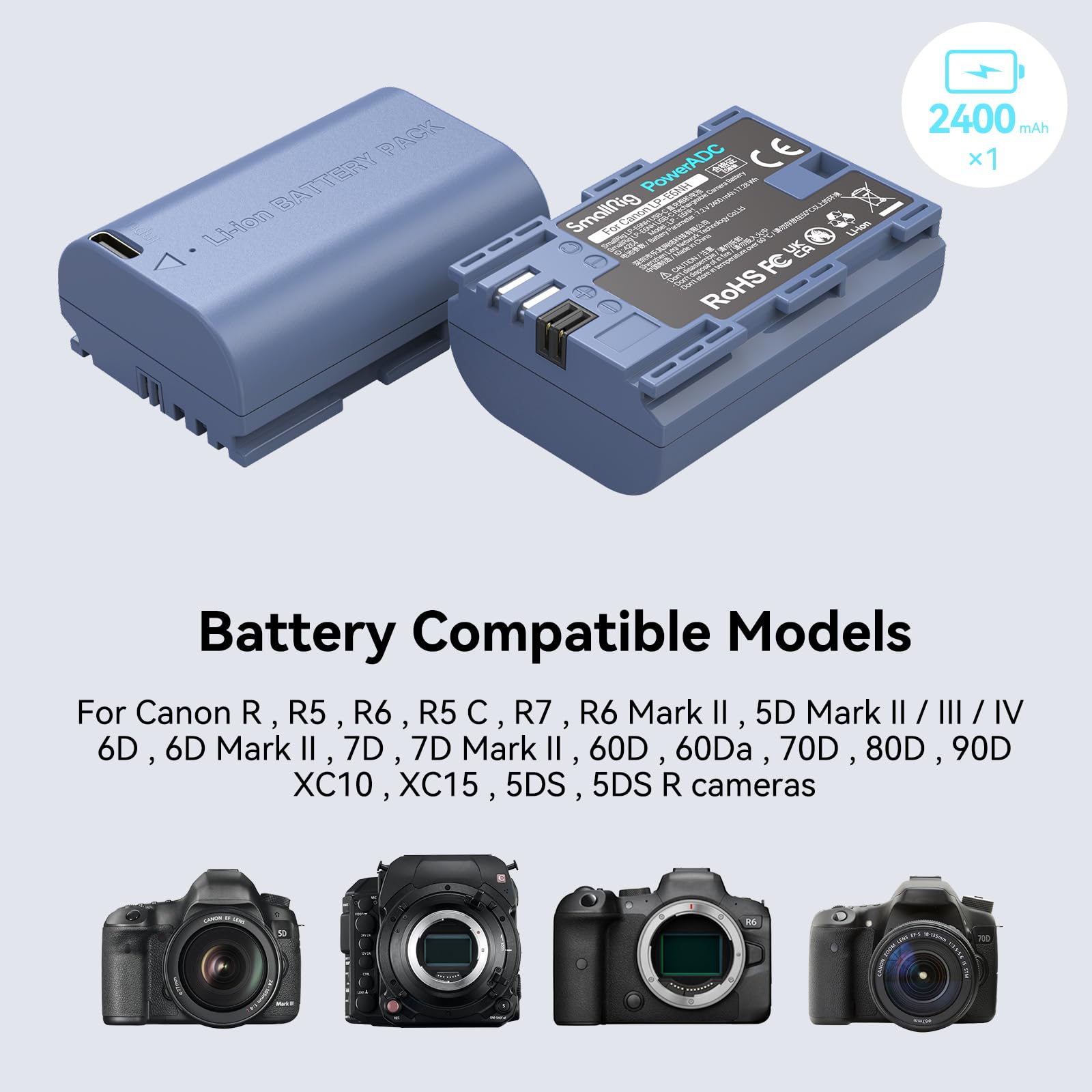 SmallRig LP-E6NH 2400mAh Camera Replacement Battery for Canon R5, R6, R7, USB-C 2.5H Fast Charging Camera Battery for R6 Mark II, R, R5 C, 5D II/III/IV, 6D, 6D II, 7D, 7D II, 60D, 70D, 80D, 90D - 4264