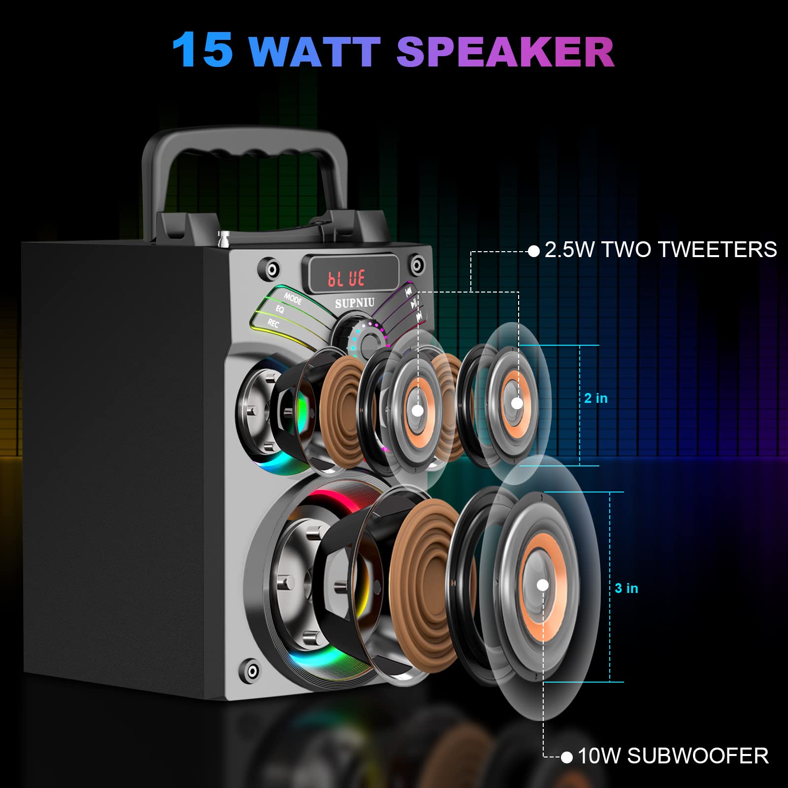 Bluetooth Speakers, 15W (20W Peak) Portable Wireless Loud Indoor Outdoor Small Party Bluetooth Speaker with Subwoofer, FM Radio, Remote, Colorful Lights and Powerful Stereo Deep Bass Sound Boombox